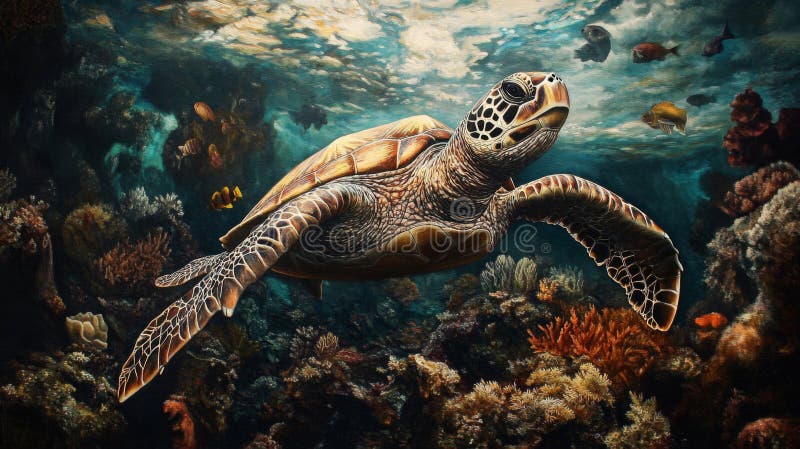 Sea Turtle Swimming in Vibrant Coral Reef Underwater Stock Illustration ...