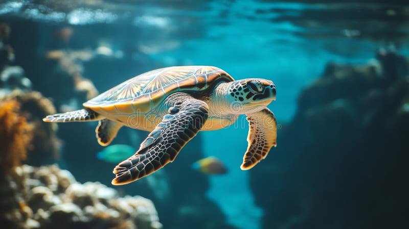 Sea Turtle Swimming in Vibrant Coral Reef Underwater Stock Illustration ...