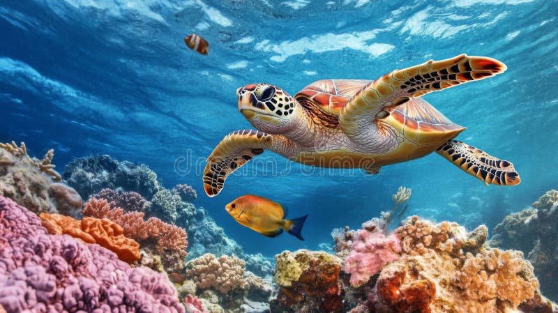 Sea Turtle Swimming in Vibrant Coral Reef Underwater Stock Illustration ...