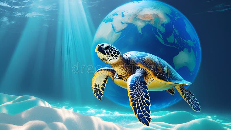 Sea Turtle Swimming with a World Glob, World Sea Turtle Day Concept Art ...
