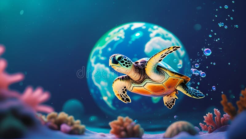 Sea Turtle Swimming with a World Glob, World Sea Turtle Day Concept Art ...