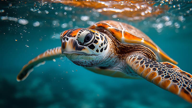 A Sea Turtle Swims through Clear, Blue Water with Its Head Above the ...
