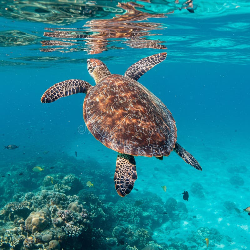 A Sea Turtle Swims Gracefully in Clear, Blue Ocean Water. Its Shell ...