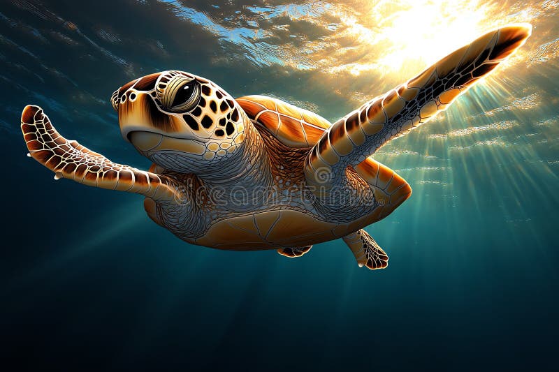 A Sea Turtle Swims Gracefully through the Water, Sunlight Streaming ...