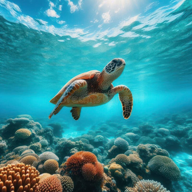 A Sea Turtle Swims in the Ocean Above Corals. Stock Photo - Image of ...