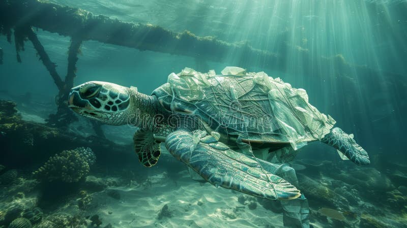 A Sea Turtle Swims through the Ocean, Its Shell Covered in Plastic ...