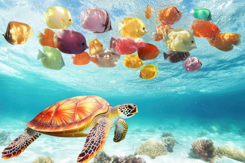 Sea Turtle Swims Under School of Fish, with Underwater Concept Theme ...