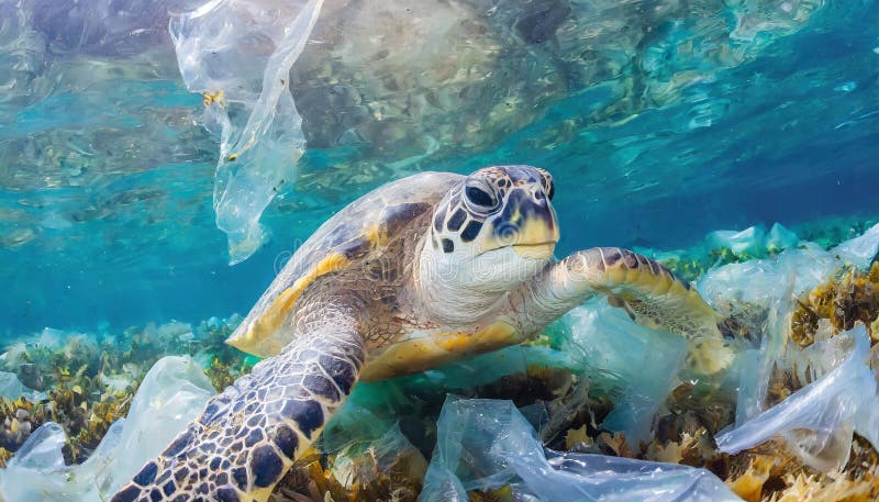 Sea Turtle Tangled in Plastic. Environmental Damage Stock Illustration ...