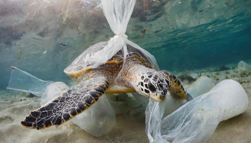 Sea Turtle Tangled in Plastic. Environmental Damage Stock Illustration ...