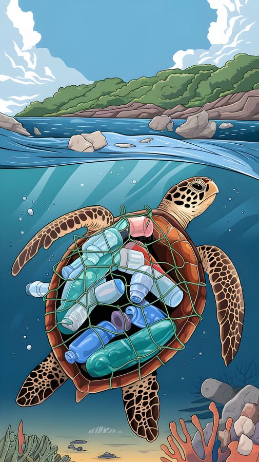 A Sea Turtle Trapped in a Net Filled with Plastic in Blue Waters Stock ...