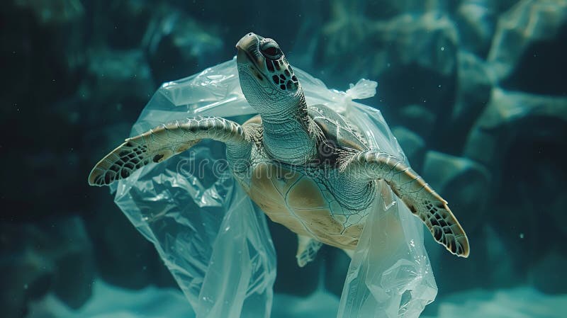 Sea Turtle Entangled in Plastic Bag Stock Illustration - Illustration ...