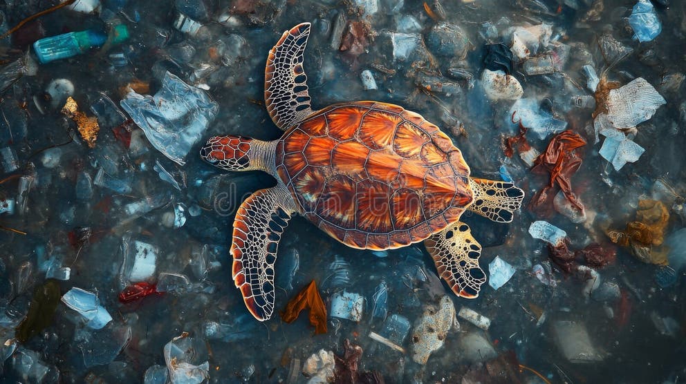 Sea Turtle Trapped in a Sea of Plastic Pollution Stock Illustration ...