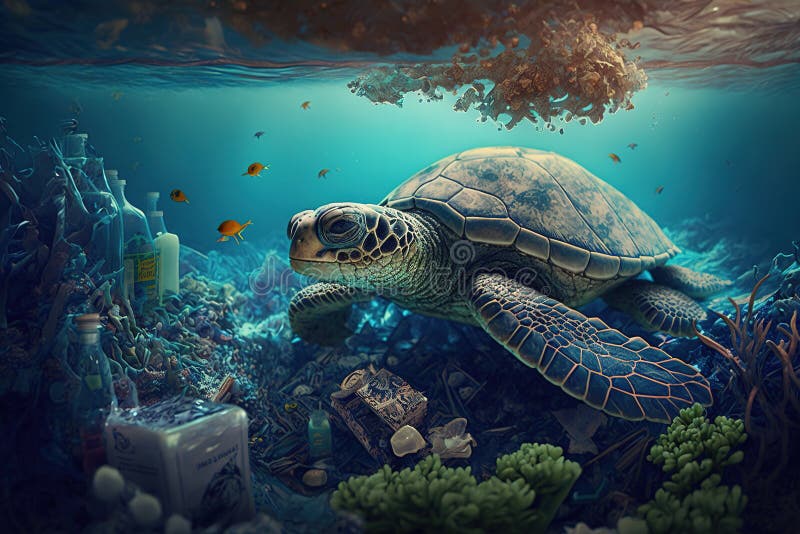 Sea Turtle Trapped in Plastic in Pollution Water. Stock Illustration ...
