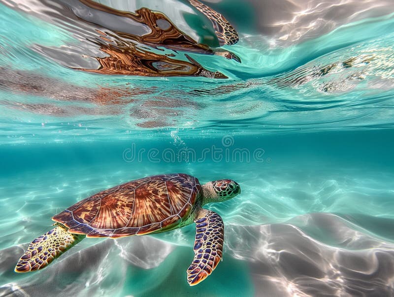 Sea Turtle Under Crystal Turquoise Water Stock Photo - Image of ...