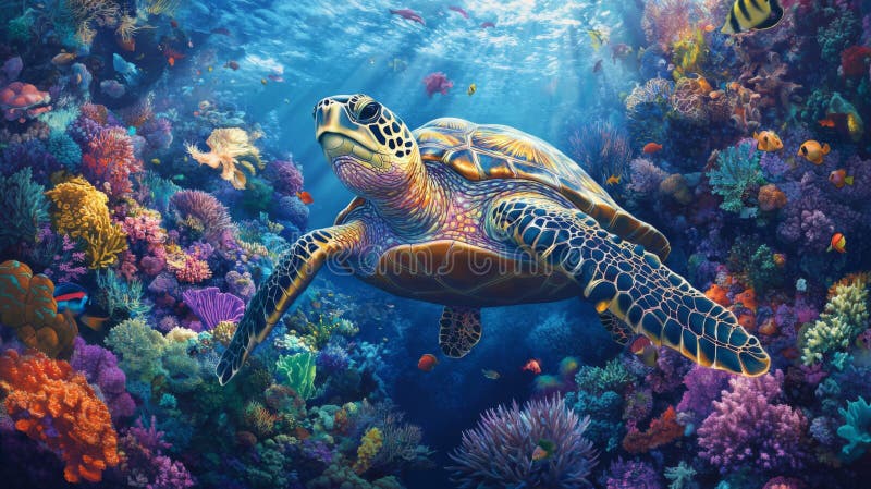 Sea Turtle in Vibrant Coral Reef Underwater Stock Illustration ...