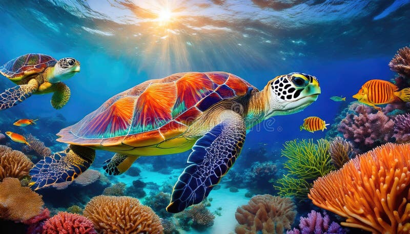 A Sea Turtle with Vibrant, Multicolored Patterns Swims Over a Coral ...
