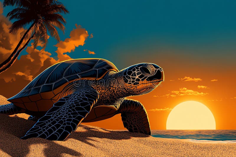 Sea Turtle Walking on a Sandy Beach at Sunset with Palm Trees in the ...