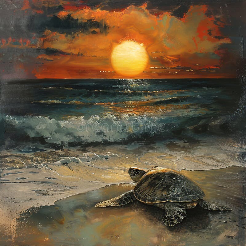 Sea Turtle Watching Sunset Ocean Waves Beach Stock Image - Image of ...