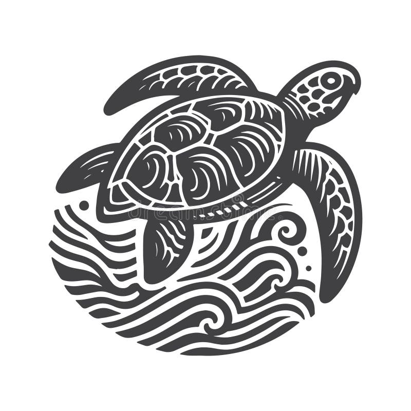 Sea Turtle with Waves Engraved Vector for Ocean Apparel. Stock Vector ...