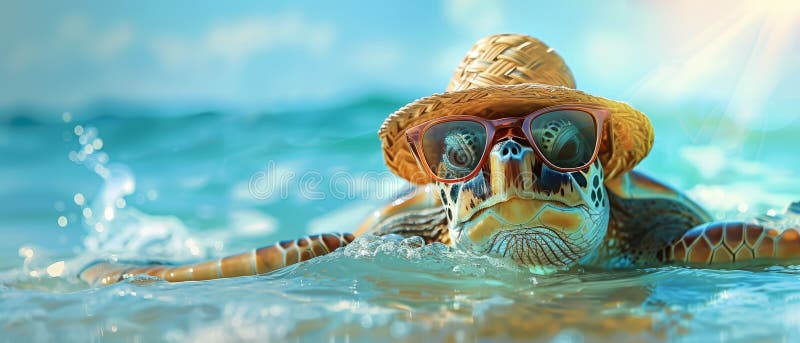 Sea Turtle Wearing a Straw Hat and Sunglasses Swims in the Ocean Stock ...