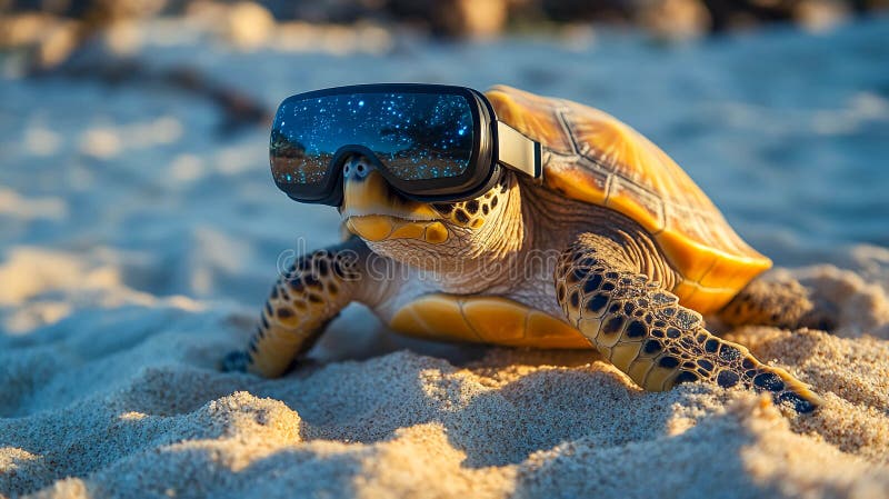 A Sea Turtle Wearing Virtual Reality Glasses Standing on the Sand Stock ...