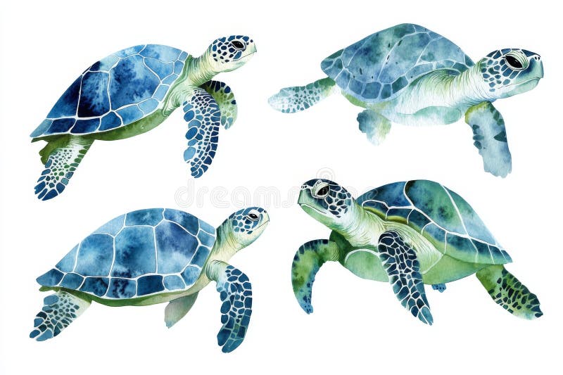 Sea Turtles Depicted in a Watercolor Drawing on a White Backdrop Stock ...
