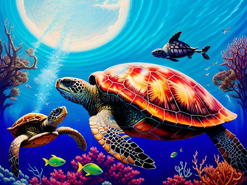 Sea Turtles Playing in the Ocean S Coral Reef Stock Illustration ...