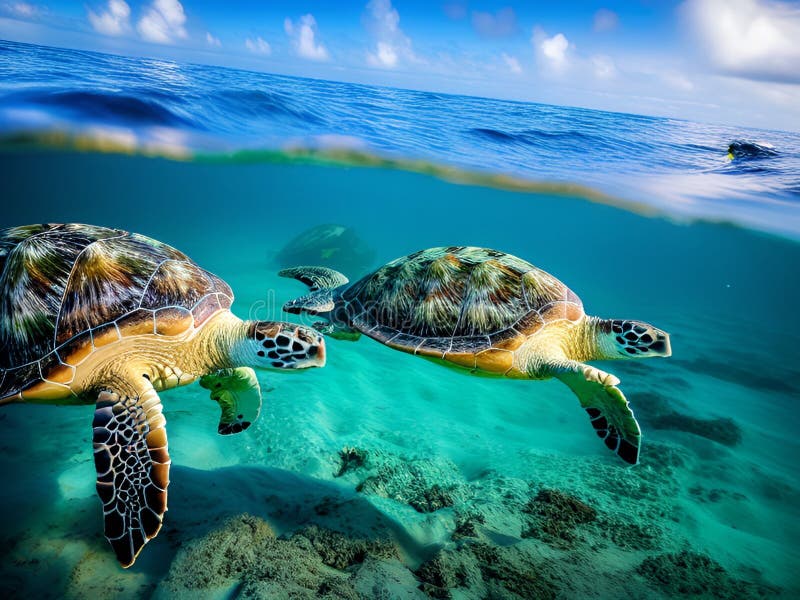 Sea Turtles Playing in the Ocean S Coral Reef Stock Illustration ...