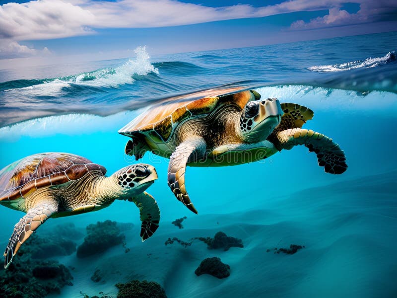 Sea Turtles Playing in the Ocean S Coral Reef Stock Illustration ...