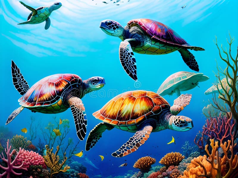Sea Turtles Playing in the Ocean S Coral Reef Stock Illustration ...