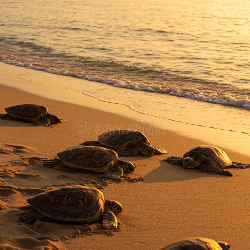 Sea Turtles Rest on a Sandy Beach during Sunset, Positioned in a Line Extending Stock ...