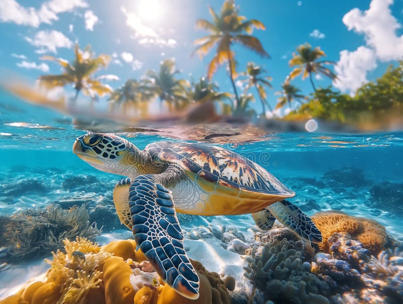 Sea Turtles Swim Above the Surface of the Water Stock Illustration ...