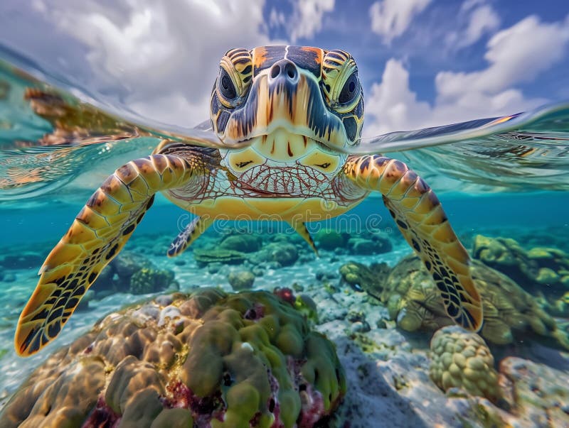 Sea Turtles Swim Above the Surface of the Water Stock Illustration ...