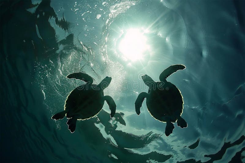 Sea Turtles Swimming in the Rays of Sun through Water Surface Stock ...