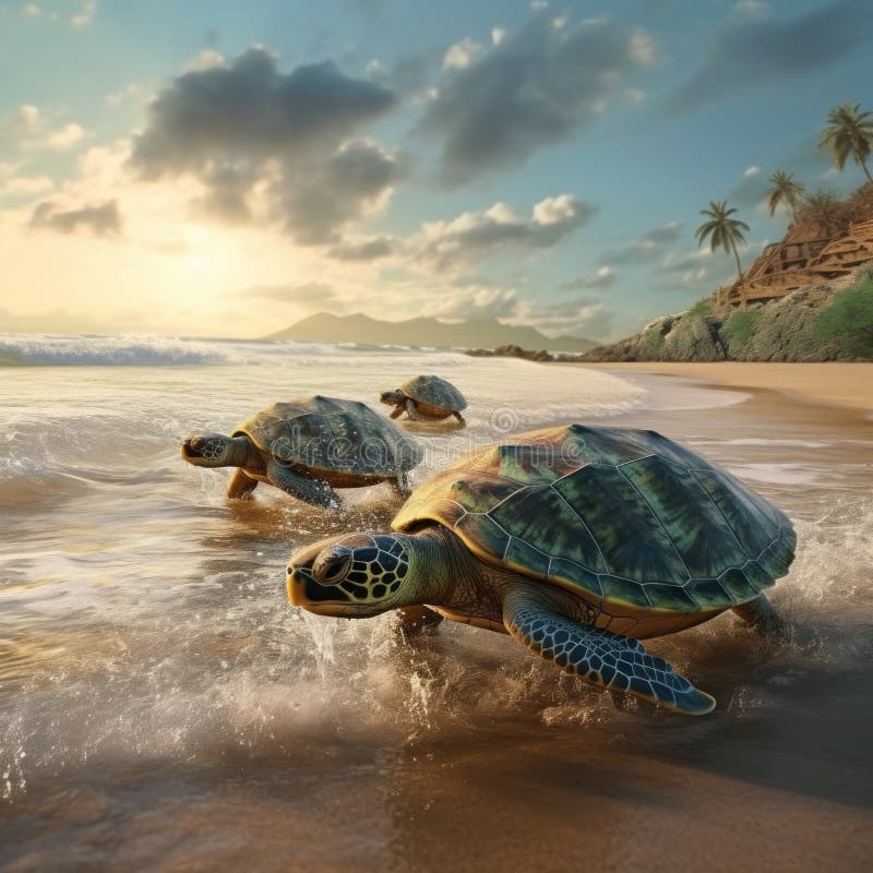 Sea Turtles Walking into the Sea Stock Illustration - Illustration of beautiful, reflection ...