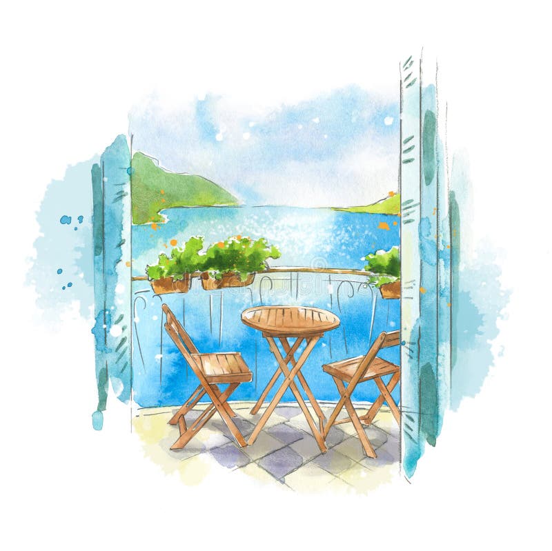 Sea View from the Balcony at the Seaside, Watercolor Illustration Stock ...