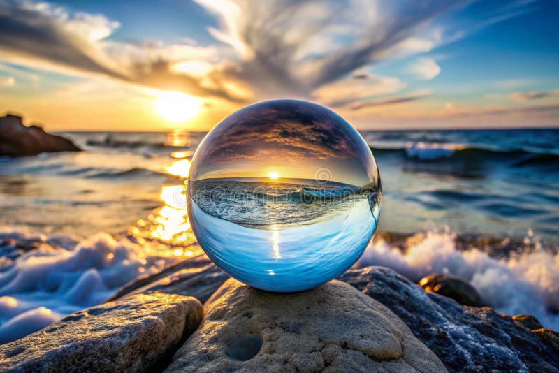 Sea View in Crystal Ball Ocean Reflection Stock Illustration ...