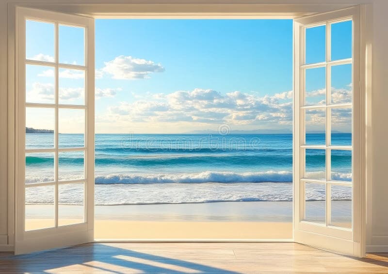 Sea View from a Dramatic Coastal Architecture in a Dark Room Stock ...