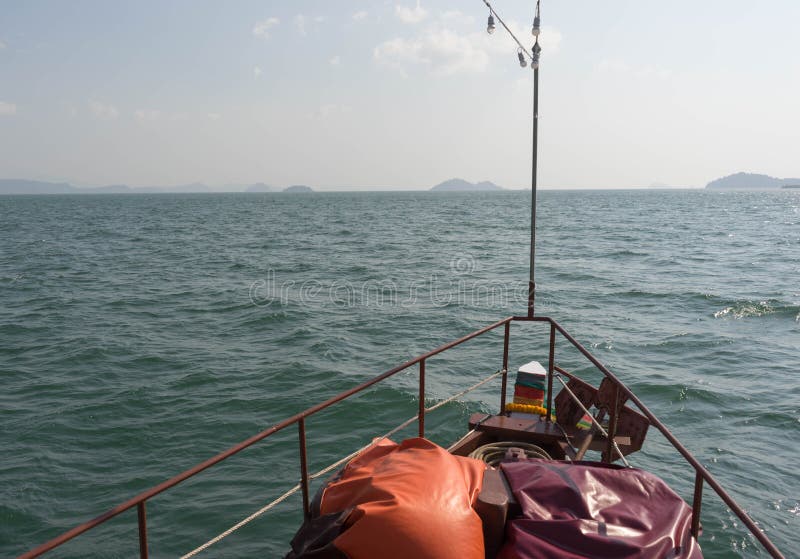 Sea View in Front of Travel Ancient Wood Boat Move Toward Stock Image ...