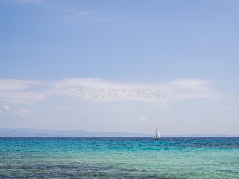 Sea View in Greece with a White Boat Stock Photo - Image of greece ...