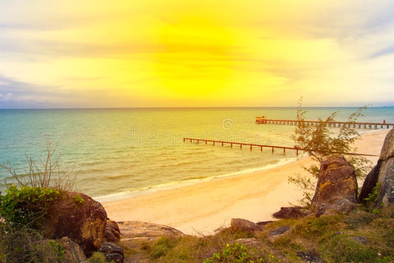Sea view stock photo. Image of sunrise, sand, hill, bridge - 148024888