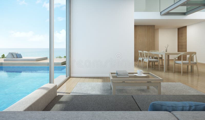 Sea View Living Room and Dining Room in Modern Pool House Stock Image ...