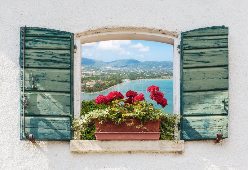 Sea View through the Open Window with Flowers Stock Image - Image of ...