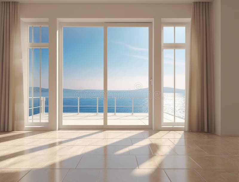 Sea View through Panoramic Windows of Modern Villa in Greece Stock ...