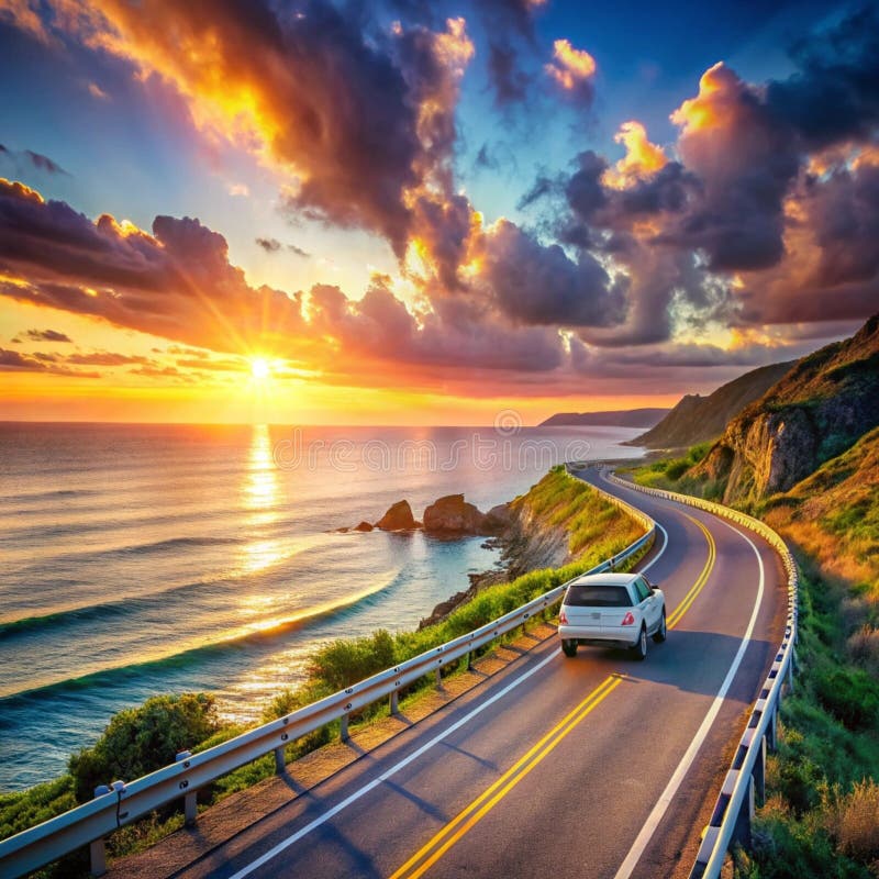 White Car Drive on the Panoramic Road Landscape in Sunset Beach. Stock ...