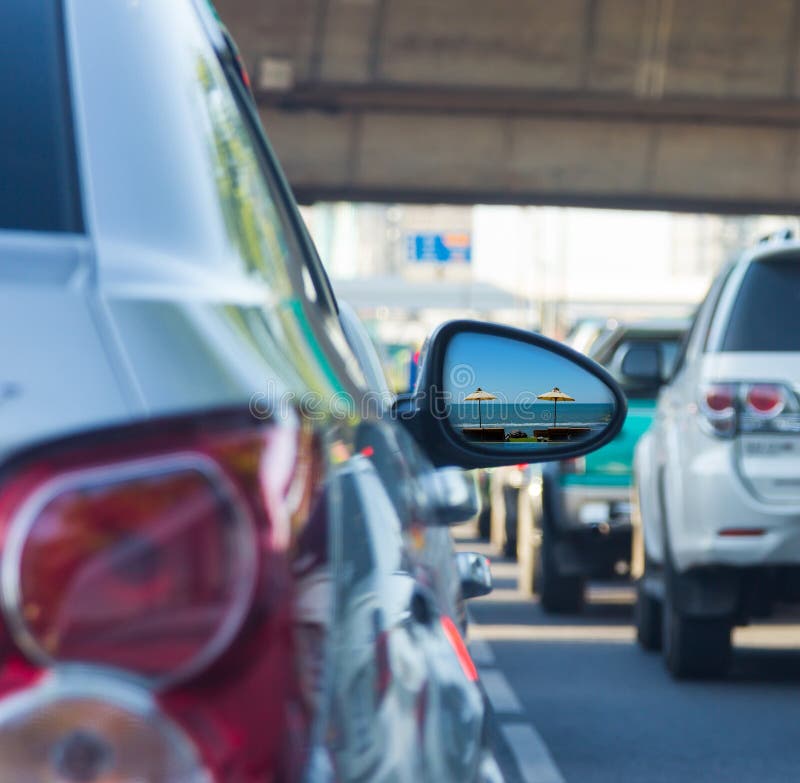 Sea View in Side Mirror of Car with Traffic Jam Stock Image - Image of ...