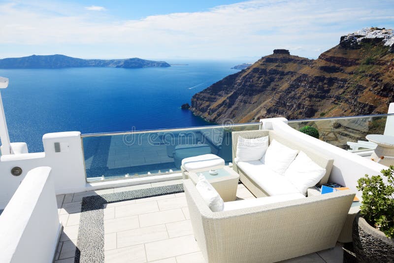 The Sea View Terrace, Santorini Stock Photo - Image of luxurious ...