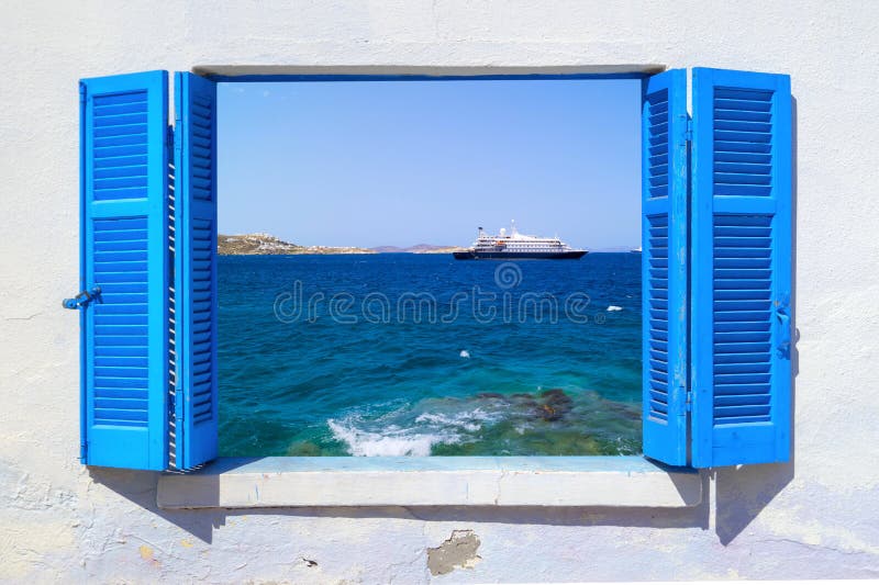 Sea View through Traditional Greek Window Stock Photo - Image of ...