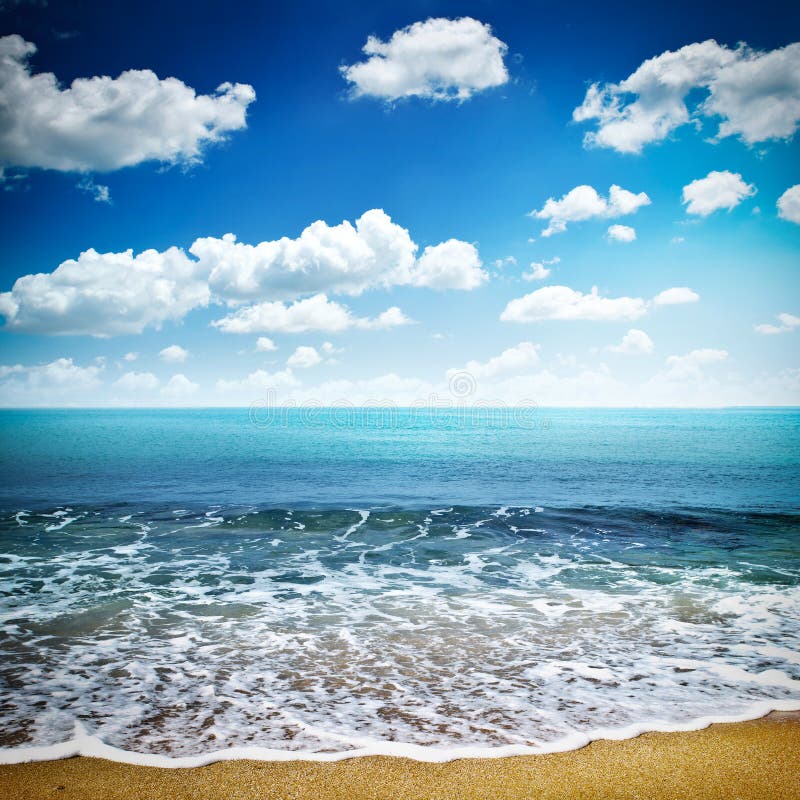 Sea View from Beach with Sunny Sky and Clouds. Stock Image - Image of ...