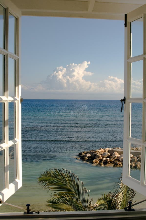 Sea View through Window at the Beach, Halfmoon Bay, Jamaica Stock Image ...